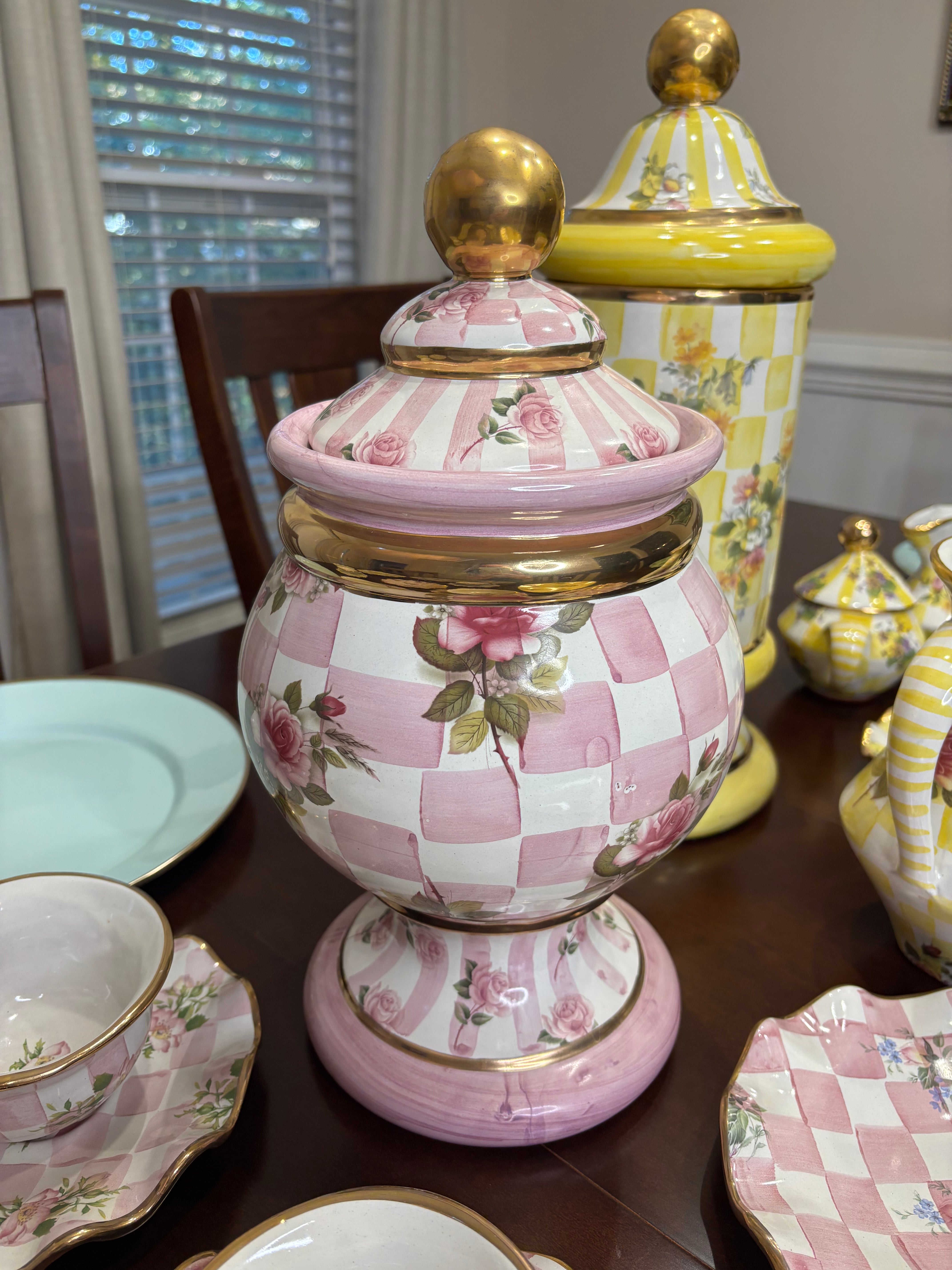 Vintage Mackenzie Childs Rose Petal 14 1/4” Lidded Round canister ...