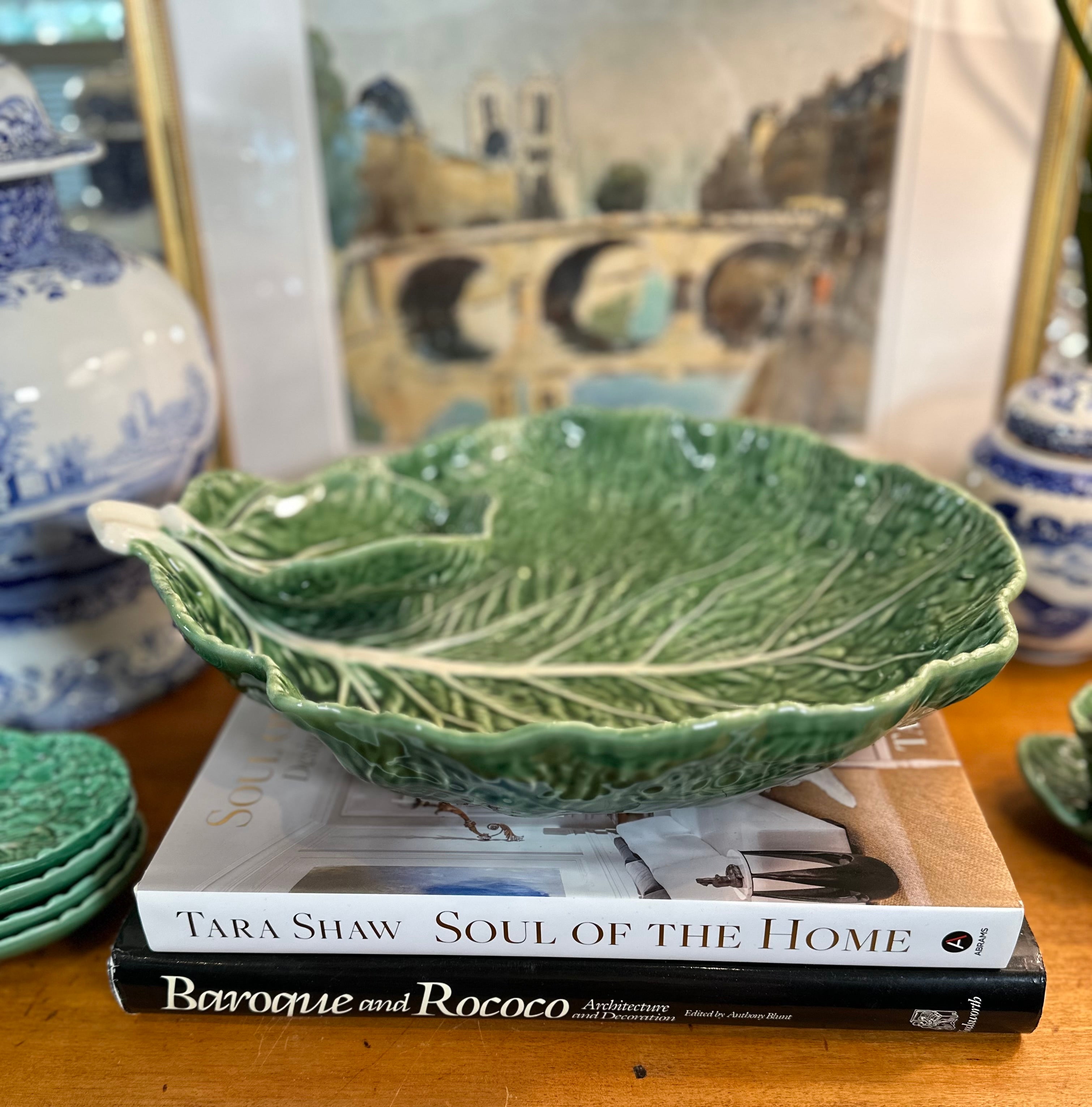 PRISTINE! Bordallo Pinheiro Green Cabbage Chip & Dip Bowl, Made in Por ...
