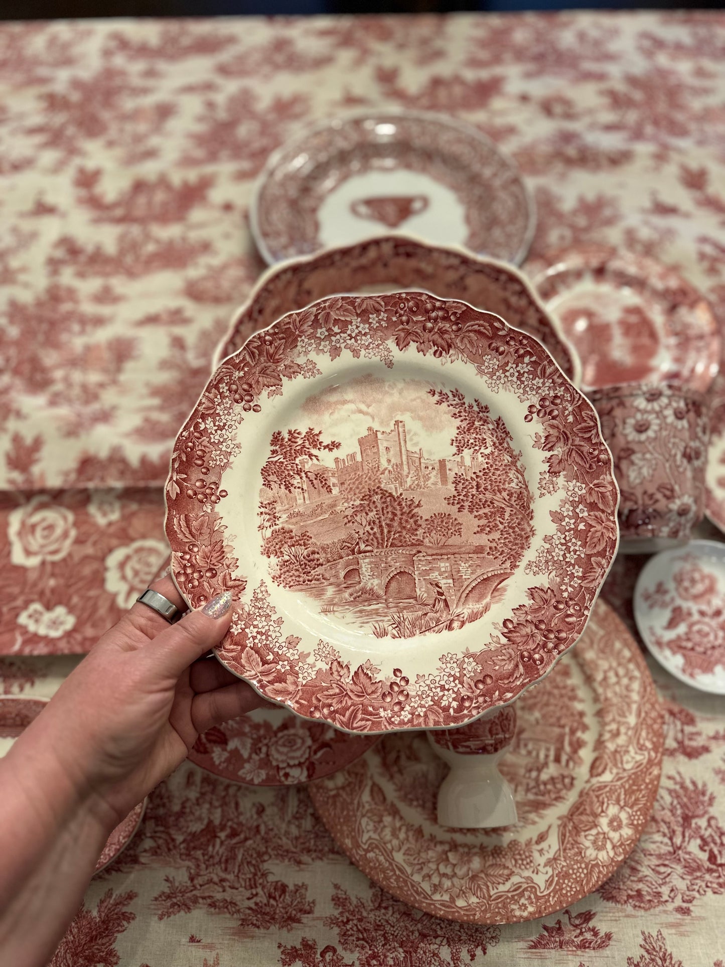 J & G Meakin “Romantic England” Pink / Red Transferware Haddon Hall, D ...