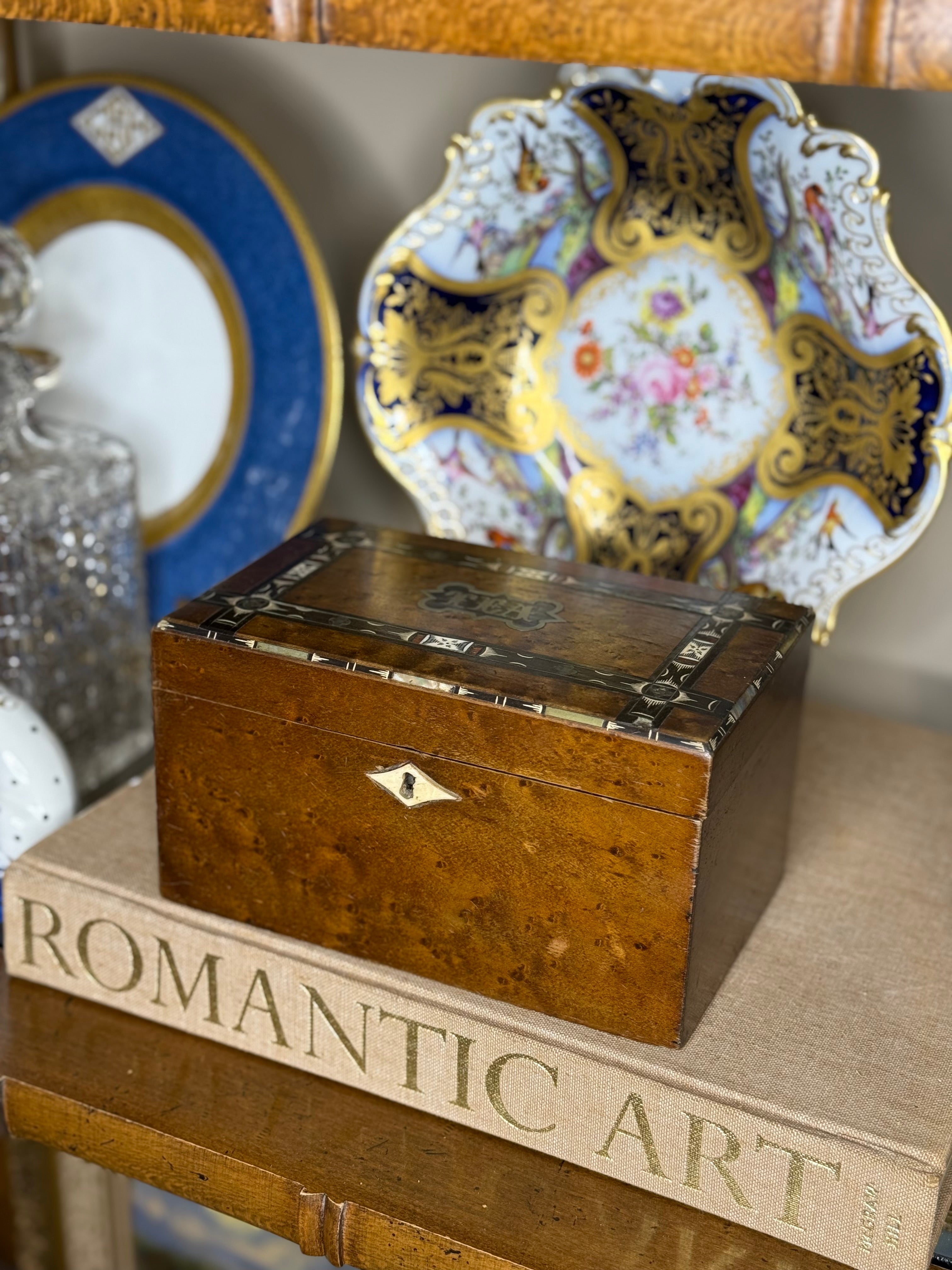 Antique English Burl Wood “Tea” Caddy with Bone & Mother-of-Pearl Inla ...