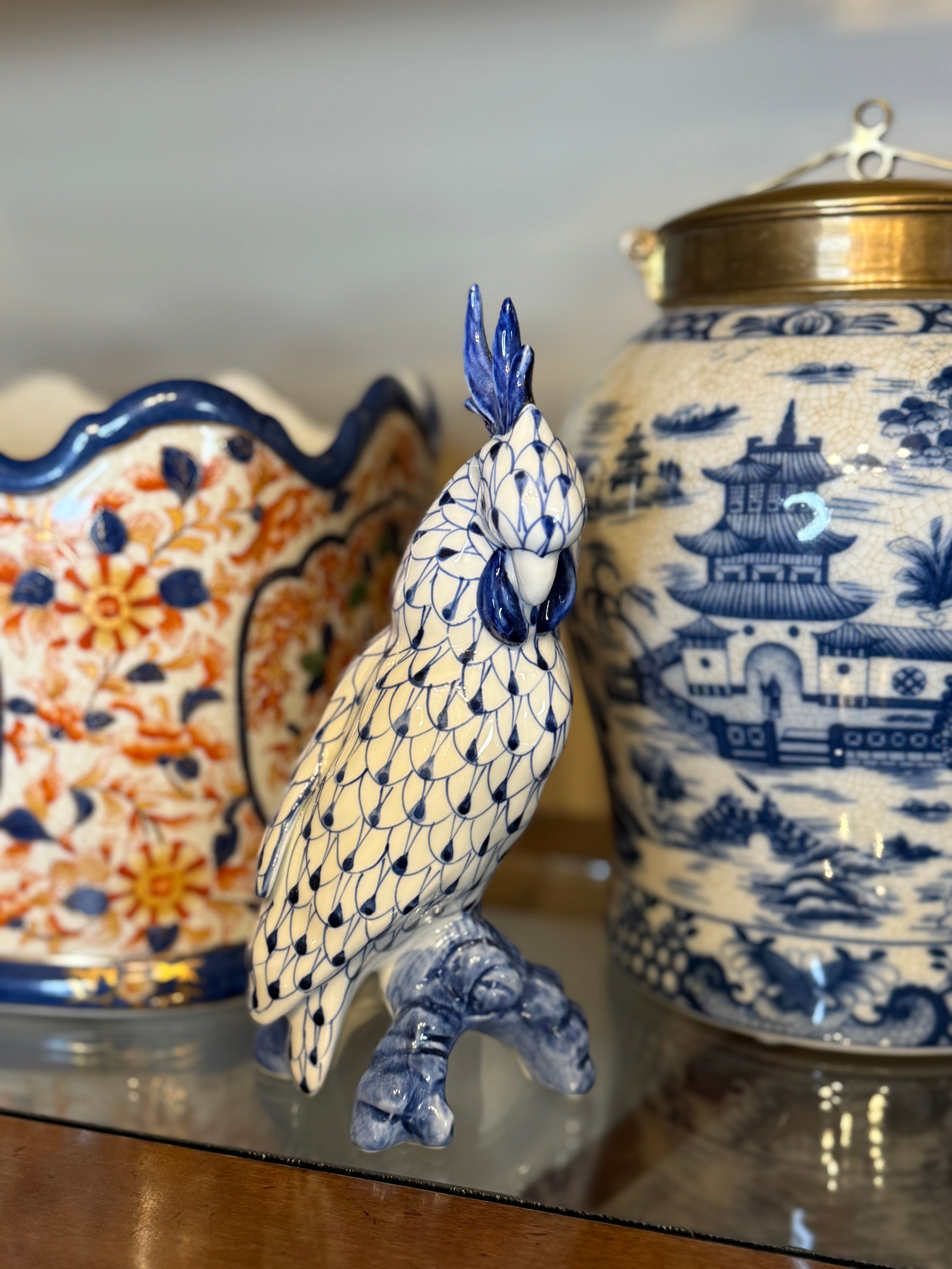 Andrea by Sadek Blue & White Fishnet Porcelain Parrot – 8” Tall ...