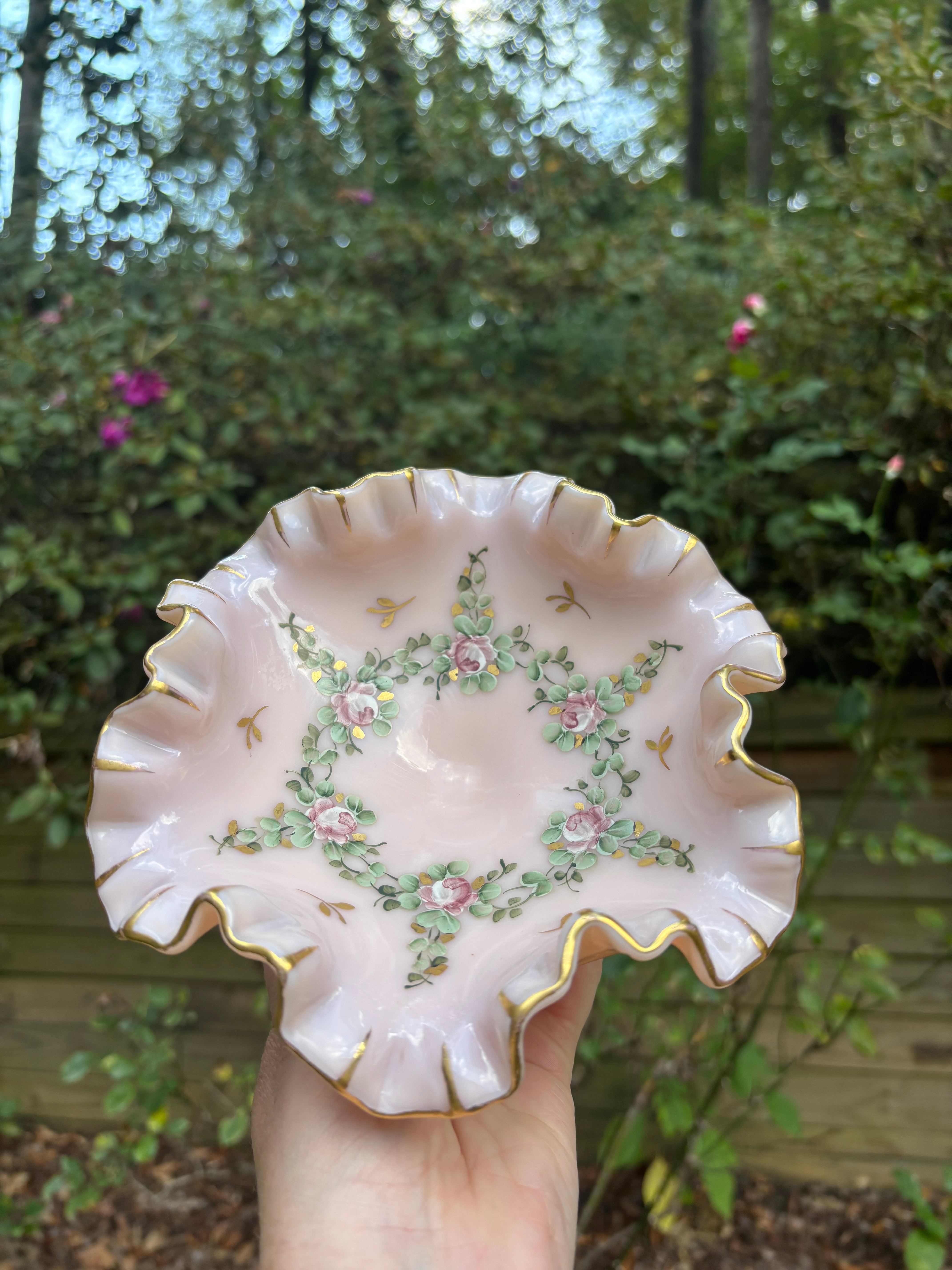 Beautiful Fenton Charleton pink compote with handpainted flowers and g ...