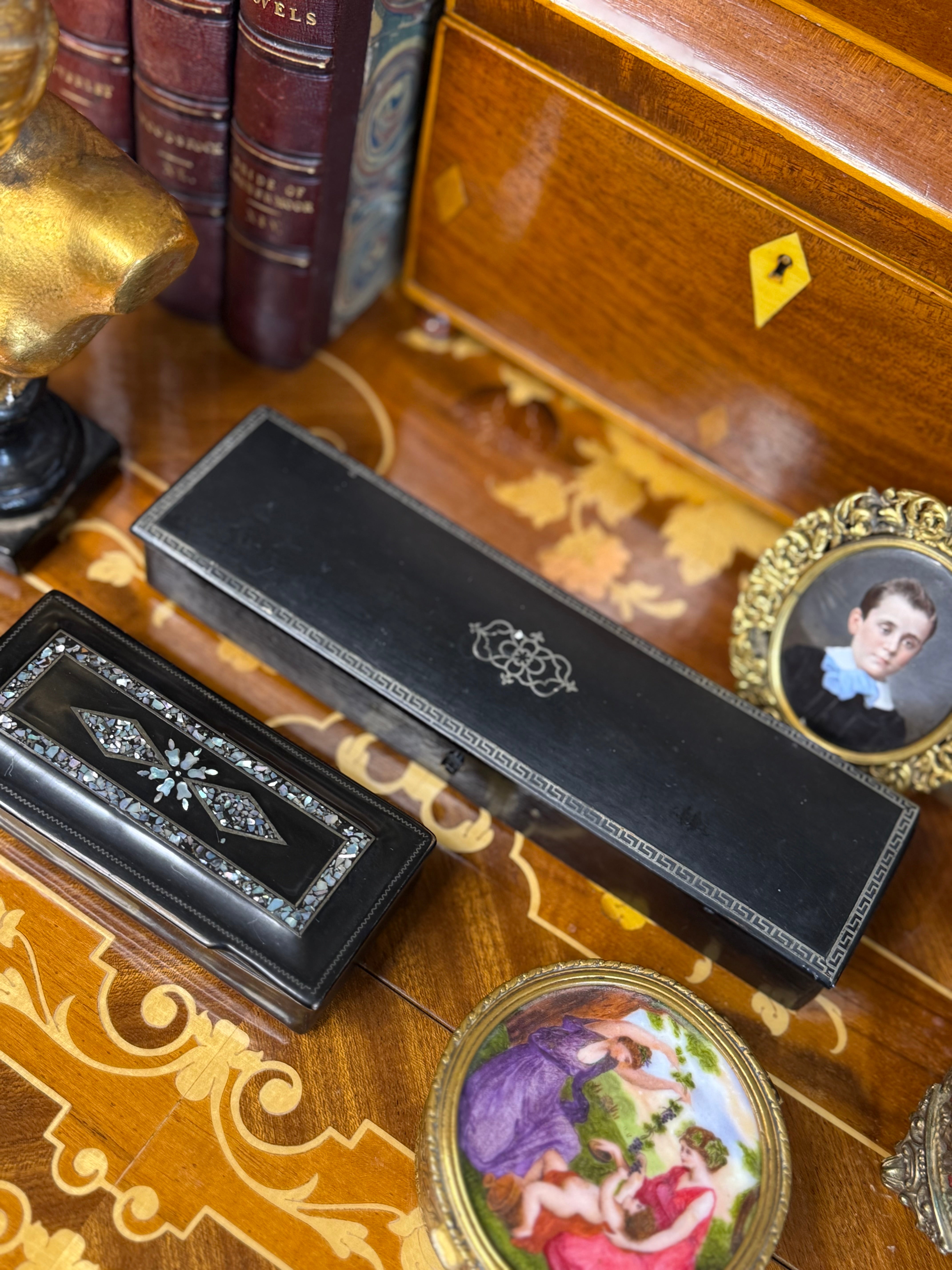 Antique Papier-Mâché Writing Box – Greek Key Border & Inlaid Cartouche ...